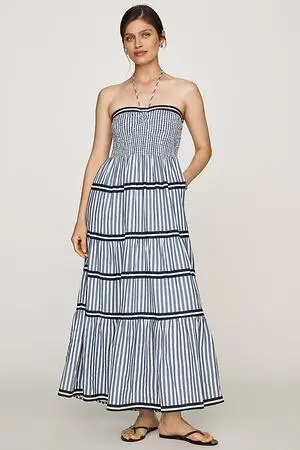 Anthropologie Linen Cotton Halter Midi Dress - Blue Pattern