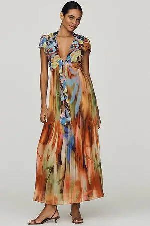 Anthropologie V-neck Tie Midi Dress - Red Pattern