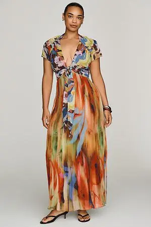 Anthropologie V-neck Tie Midi Dress - Red Pattern