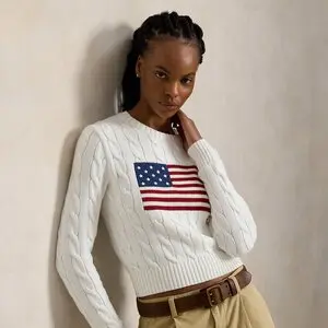 Ralph Lauren Ralph Lauren Flag Cable-Knit Cotton Cropped Sweater Ceramic White