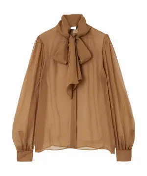 Saint Laurent Pussy-bow Long-sleeved Shirt - Camel