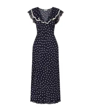 Rixo Polka Dot V-neck Midi Dress With Crochet Lace Trim - Black