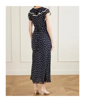 Rixo Polka Dot V-neck Midi Dress With Crochet Lace Trim - Black