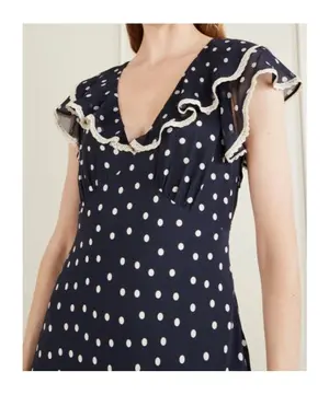 Rixo Polka Dot V-neck Midi Dress With Crochet Lace Trim - Black