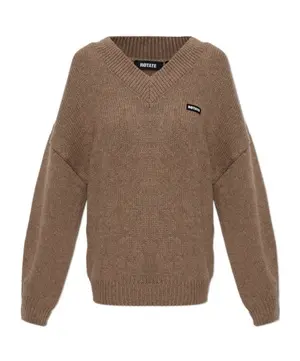 ROTATE BY BIRGER CHRISTENSEN V-neck Long-sleeved Knit Top - Brown