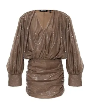 ROTATE BY BIRGER CHRISTENSEN Long Sleeve Sequin Ruched V-neck Dress - Brown