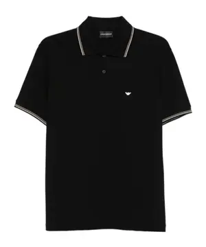 Emporio Armani Logo Embroidered Striped-trim Polo Shirt - Black