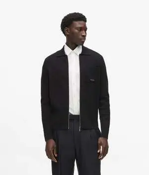 Karl Lagerfeld Knit Zip-up Jacket With Pointed Collar - Black