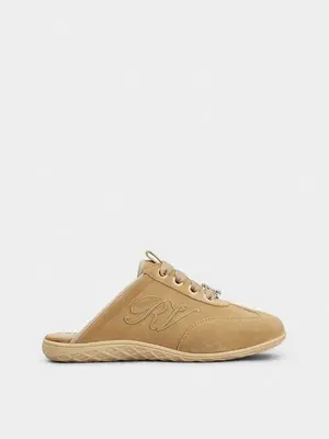 ROGER VIVIER Suede Viv Low Mules With Crystal Buckle - Camel