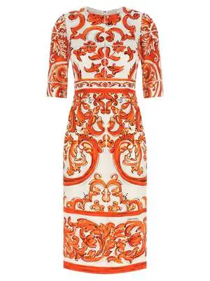 Dolce & Gabbana Maiolica" Print Silk Charmeuse Midi Dress - Orange