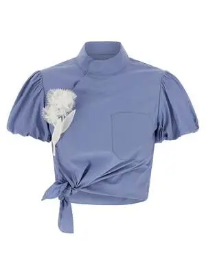 SELF-PORTRAIT Cotton Tie Detail Cropped Top - Blue