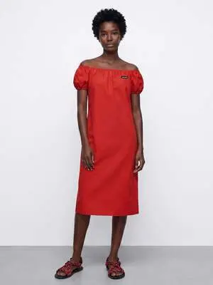 Miu Miu Cotton Midi Dress With Short Sleeves And Wide Neckline
