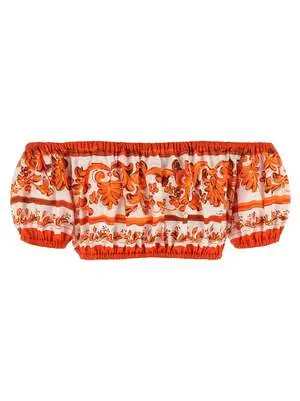 Dolce & Gabbana Maiolica" Print Off-the-shoulder Cotton Poplin Top - Orange