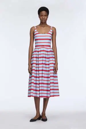 EMILIA WICKSTEAD Eglantine Dress In Blue & Striped Cotton Poplin - Red