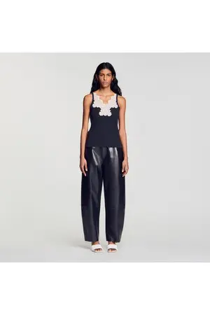 Sandro Ribbed Vest Top With Lace - Black