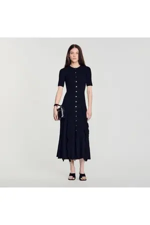 Sandro Knit Maxi Dress With Ruffles - Black
