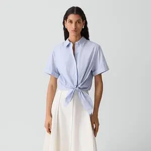 Theory Tie-front Shirt In Striped Cotton-blend - Blue Multi
