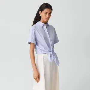 Theory Tie-front Shirt In Striped Cotton-blend