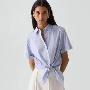 Theory Tie-front Shirt In Striped Cotton-blend