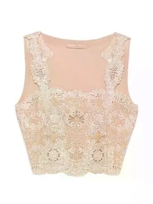 Ermanno Scervino Beige Lace Embellished Cropped Top