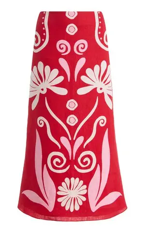 CALA DE LA CRUZ Cala De La Cruz Fabiana Printed Linen Midi Skirt