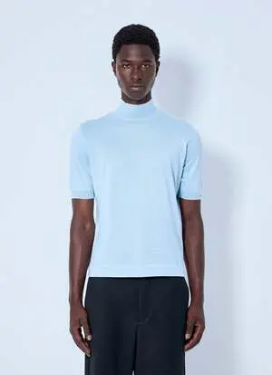 Prada Ribbed Knit Mock Neck Short Sleeve Top - Blue