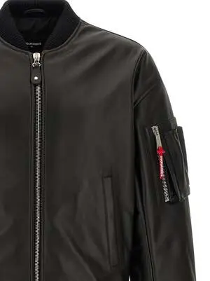 Dsquared2 Leather Bomber Jacket With Ribbed Knit Details - Black