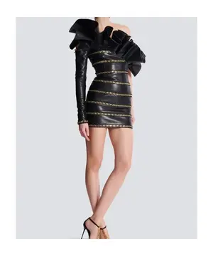 Balmain Leather Asymmetrical Ruffled Dress With Gold Chain Detail