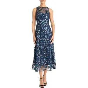 Maggy London Sequin & Bead Illusion Sleeveless Midi Dress - Navy/silver
