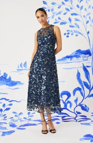 Maggy London Sequin & Bead Illusion Sleeveless Midi Dress