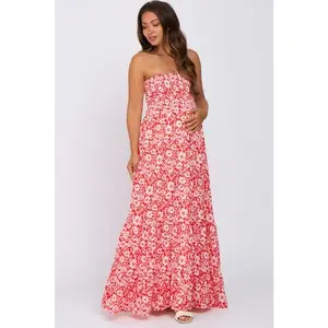 PINKBLUSH Strapless Floral Print Smocked Maxi Dress - Red