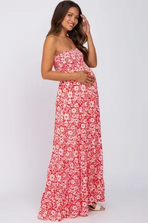 PINKBLUSH Strapless Floral Print Smocked Maxi Dress
