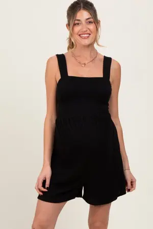 PINKBLUSH Ribbed Smocked Bodice Maternity Romper - Black