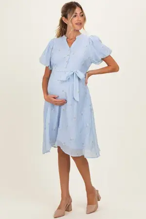 PINKBLUSH Floral Embroidered Puff Sleeve Tie Waist Maternity Dress