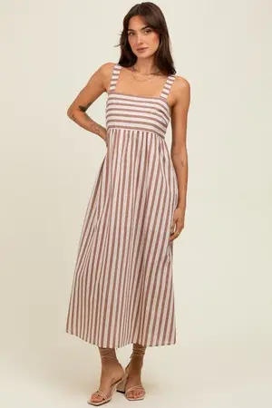 PINKBLUSH Striped Sleeveless Square Neck Midi Dress With Pockets