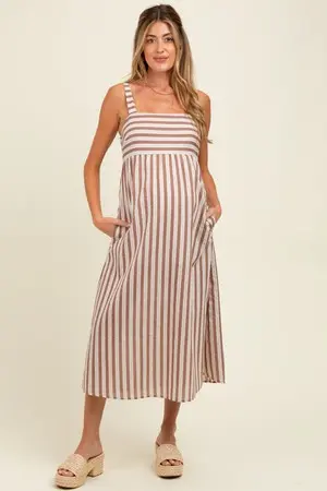 PINKBLUSH Striped Sleeveless Square Neck Midi Dress With Pockets - Mocha