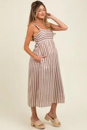 PINKBLUSH Striped Sleeveless Square Neck Midi Dress With Pockets