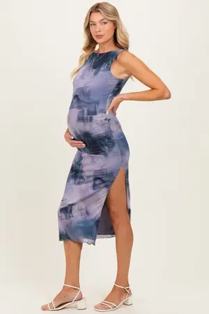 PINKBLUSH Sleeveless Abstract Print Mesh Midi Dress - Blue