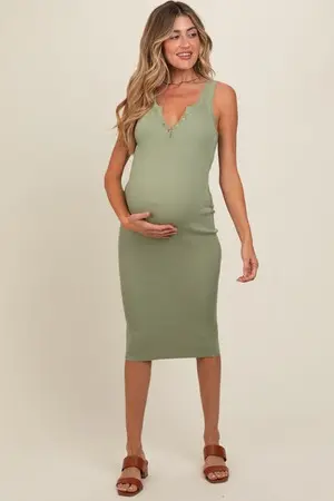 PINKBLUSH Ribbed Fitted Sleeveless Snap Button Midi Dress