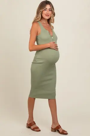 PINKBLUSH Ribbed Fitted Sleeveless Snap Button Midi Dress