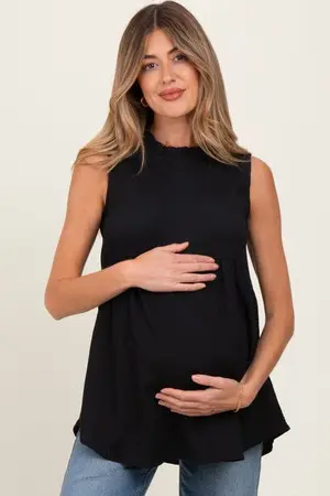 PINKBLUSH Ruffle Mock Neck Sleeveless Blouse - Black