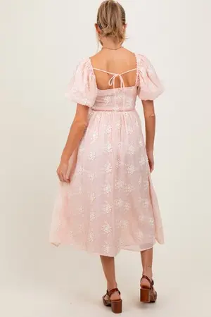 PINKBLUSH Textured Midi Dress With Puff Sleeves - Pink