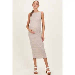 PINKBLUSH Striped Boatneck Sleeveless Maternity Midi Dress - Mocha