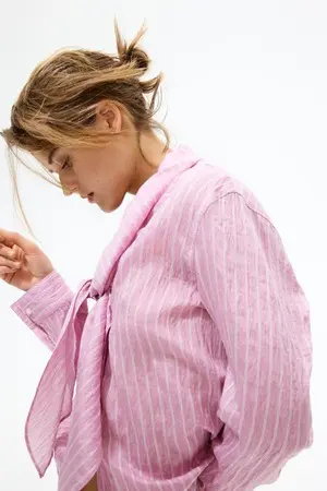 H&m Scarf Collar Shirt In Lyocell Blend - Pink/striped