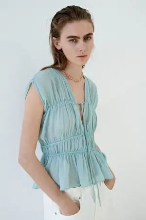 H&m Ruched Cotton Blouse - Light Turquoise