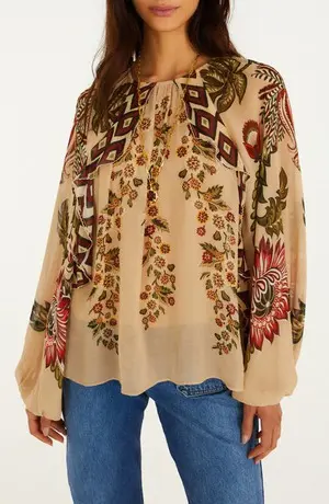 Farm Rio Floral Cascade Long Sleeve Top - Orange