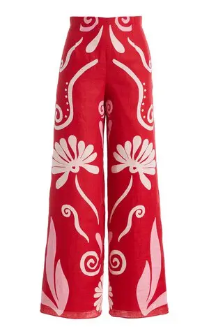 CALA DE LA CRUZ Graphic Print Wide-leg Linen Pants - Red