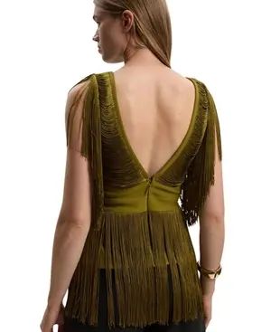 Karen Millen Draped Fringe Knitted Top - Olive
