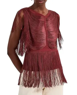 Karen Millen Draped Fringe Knitted Top - Rich Red