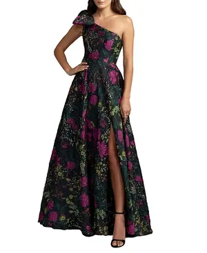 Mac Duggal One Shoulder Brocade Gown With Bow Detail - Black Multi